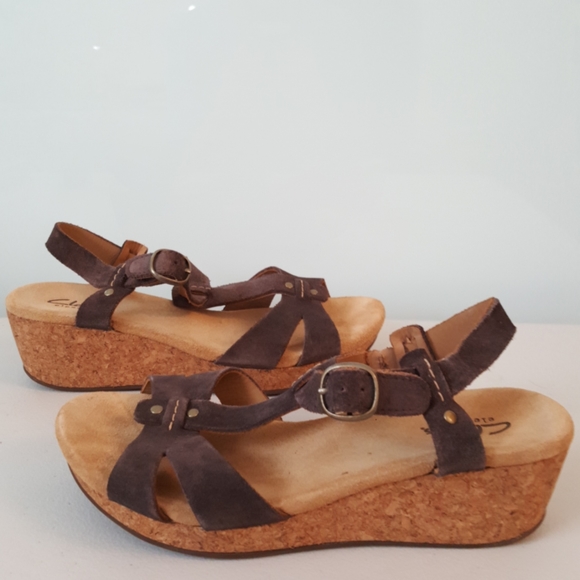 Clarks | Shoes | Clarks Elements Wedge Sandals Brown Suede | Poshmark